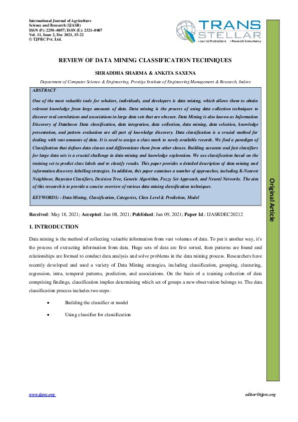 Pdf Review Of Data Mining Classification Techniques