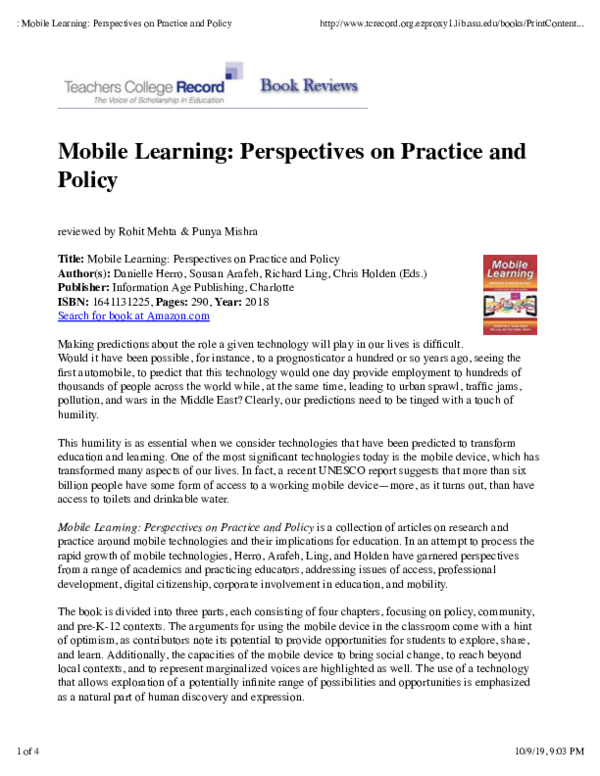 (PDF) Mobile Learning: Perspectives on Practice and Policy. Digital Media and Learning