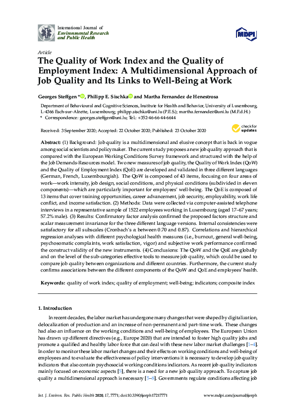 (PDF) The Quality of Work Index and the Quality of Employment Index: A ...