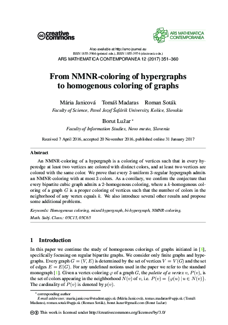(PDF) From NMNR-coloring of hypergraphs to homogenous coloring of graphs