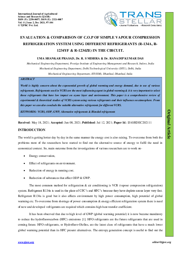 (PDF) EVALUATION & COMPARISON OF C.O.P OF SIMPLE VAPOUR COMPRESSION ...