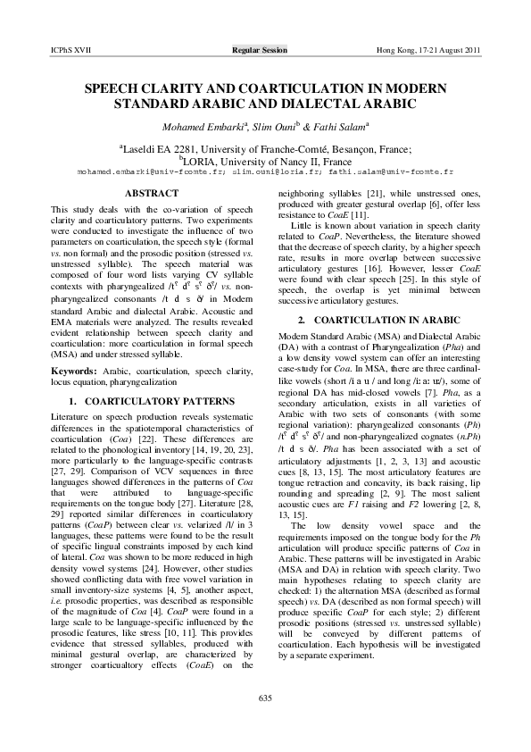 (PDF) Speech Clarity and Coarticulation in Modern Standard Arabic and Dialectal Arabic