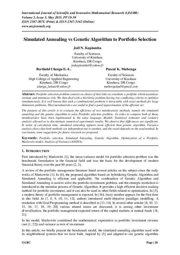 (PDF) Simulated Annealing vs Genetic Algorithm to Portfolio Selection