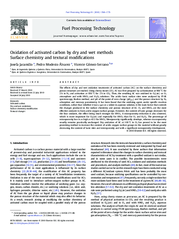 Pdf Oxidation Of Activated Carbon By Dry And Wet Methods Surface Chemistry And Textural