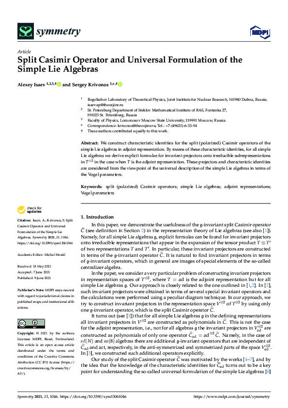 (PDF) Split Casimir Operator and Universal Formulation of the Simple ...