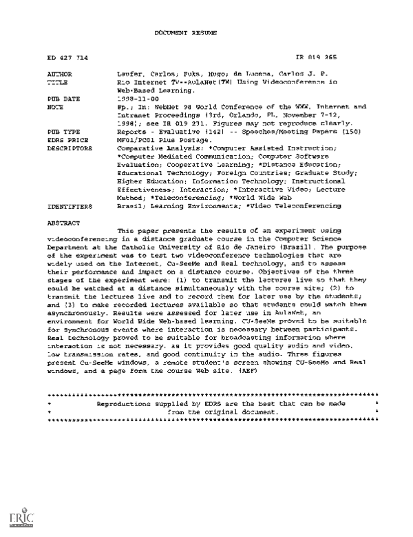 (PDF) Rio Internet TV - AulaNet(tm) Using Videoconference in Web-Based Learning
