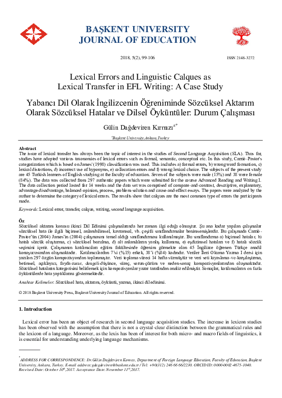 (PDF) Lexical Errors and Linguistic Calques as Lexical Transfer in EFL ...