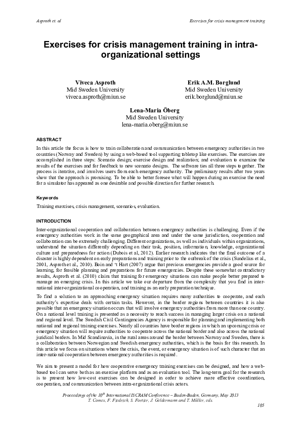 (PDF) Exercises for crisis management training in intra-organizational ...
