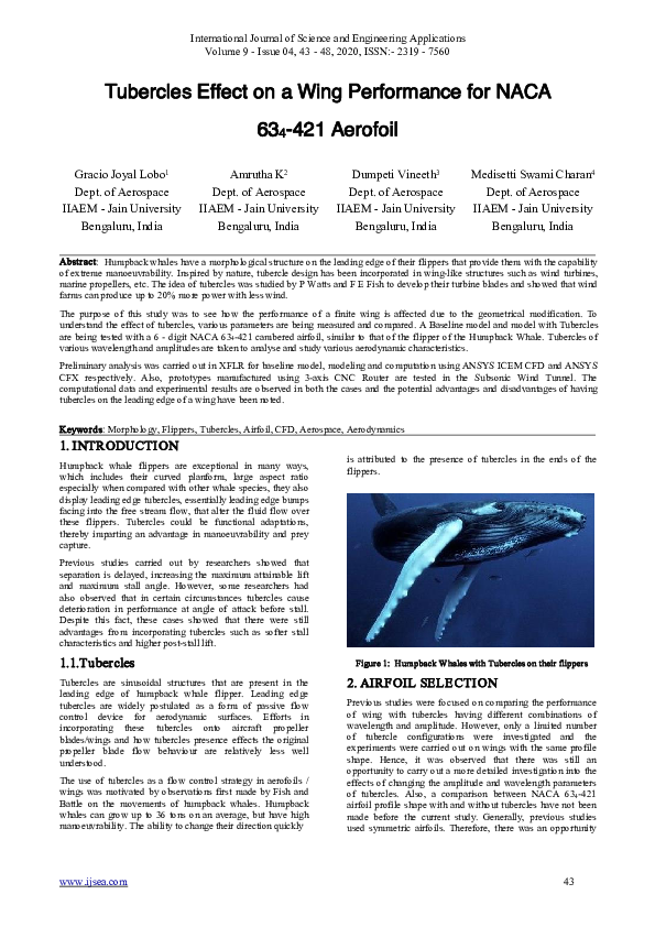 (PDF) Tubercles Effect on a Wing Performance for NACA 634-421 Aerofoil
