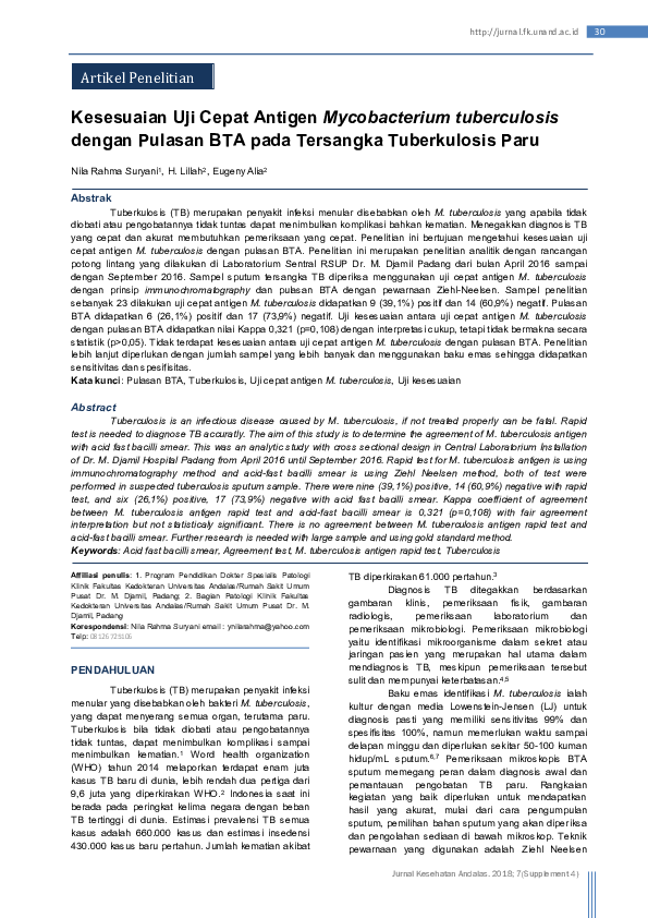 (PDF) Kesesuaian Uji Cepat Antigen Mycobacterium tuberculosis dengan ...