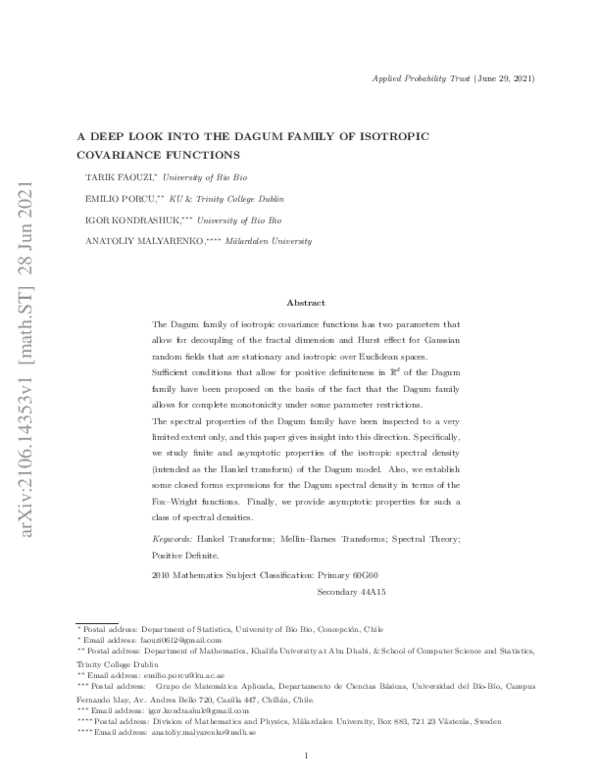 (PDF) Insights into the Dagum Isotropic Covariance Functions