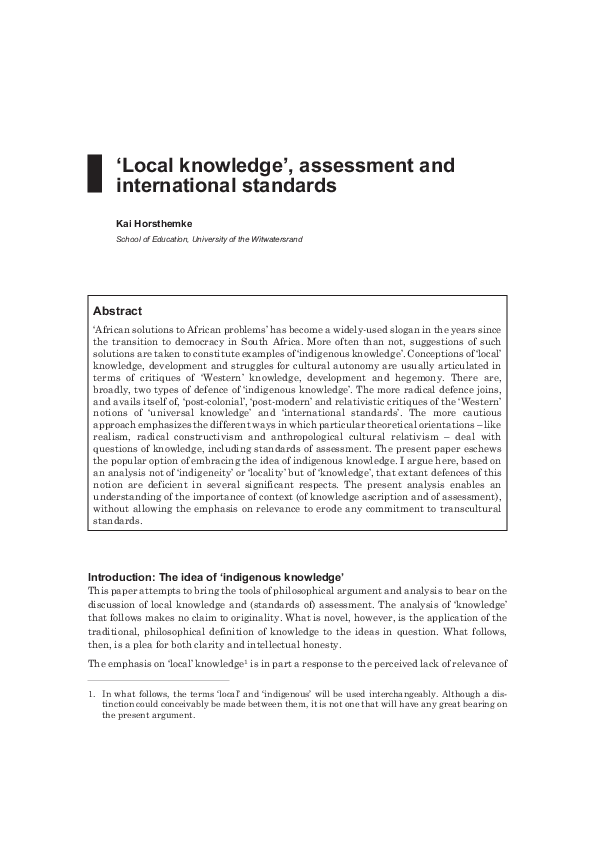 (PDF) Local knowledge', assessment and international standards | Kai ...