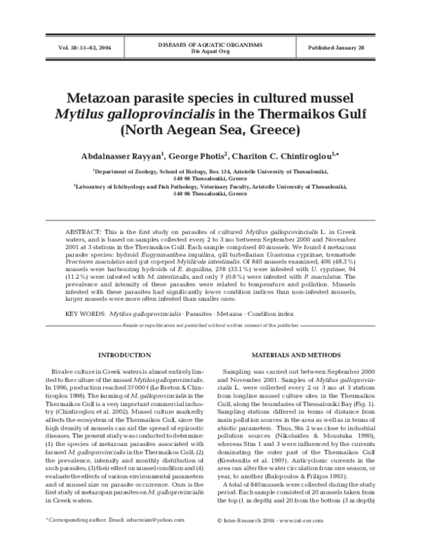(PDF) Metazoan parasite species in cultured mussel Mytilus ...