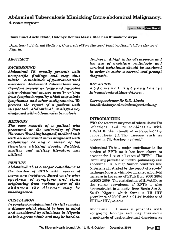 (PDF) Abdominal tuberculosis mimicking intra-abdominal malignancy: A case report