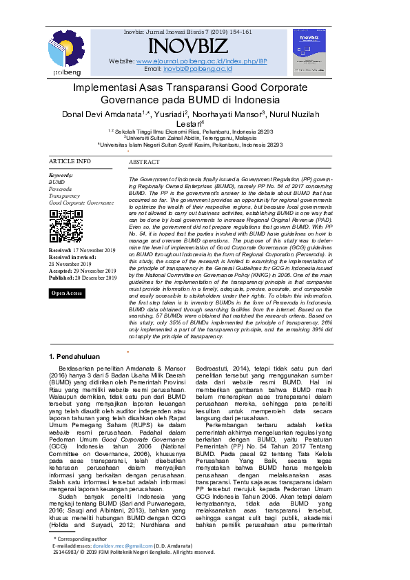 (PDF) Implementasi Asas Transparansi Good Corporate Governance pada BUMD di Indonesia