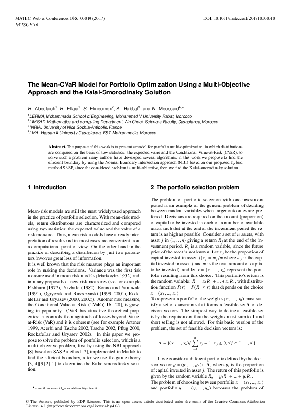 Pdf The Mean Cvar Model For Portfolio Optimization Using A Multi Objective Approach And The
