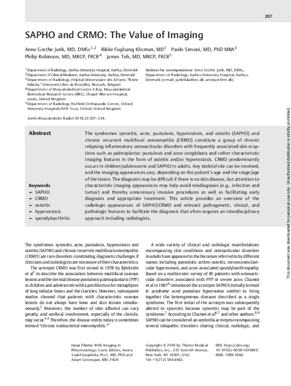 (PDF) SAPHO and CRMO: The Value of Imaging