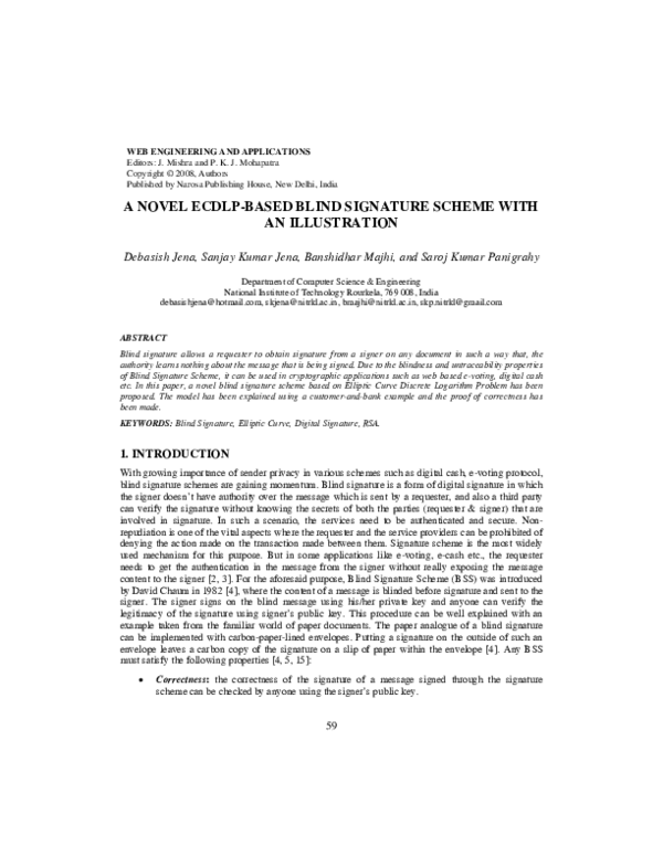 (PDF) A Novel ECDLP-Based Blind Signature Scheme with an Illustration