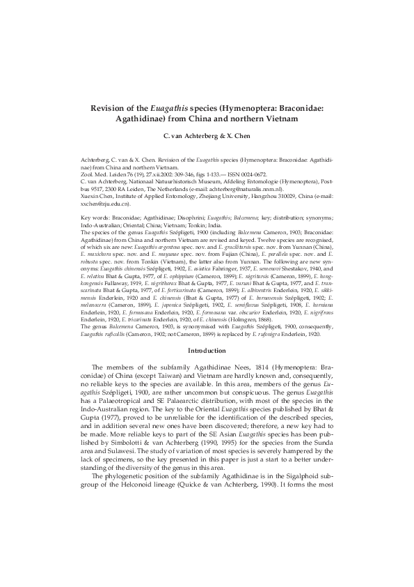 (PDF) Revision of the Euagathis species (Hymenoptera: Braconidae ...