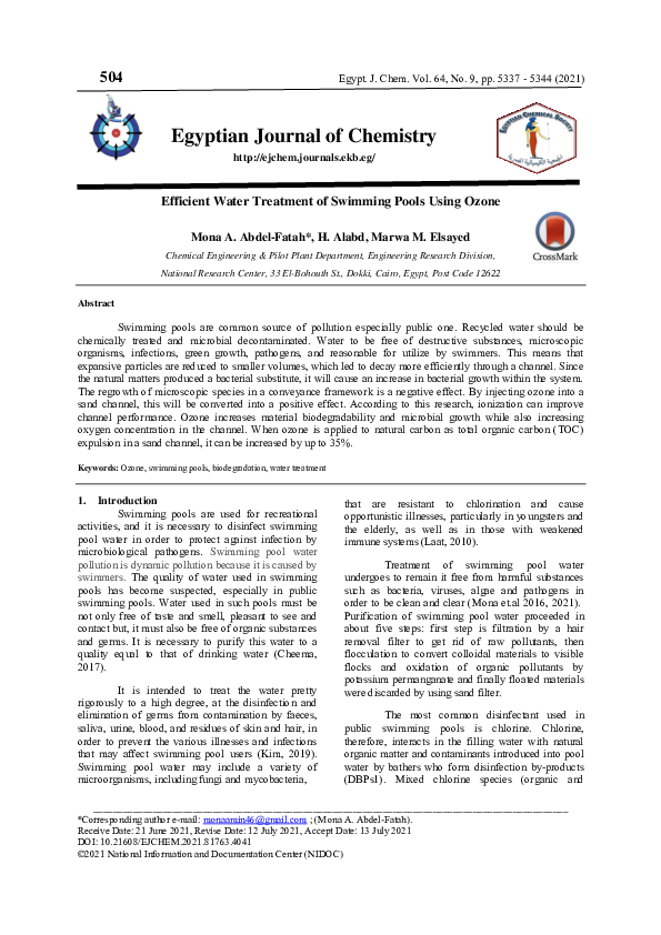 (PDF) Efficient Water Treatment of Swimming Pools Using Ozone