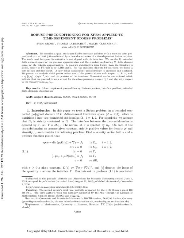 (PDF) Robust Preconditioning for XFEM Applied to Time-Dependent Stokes ...