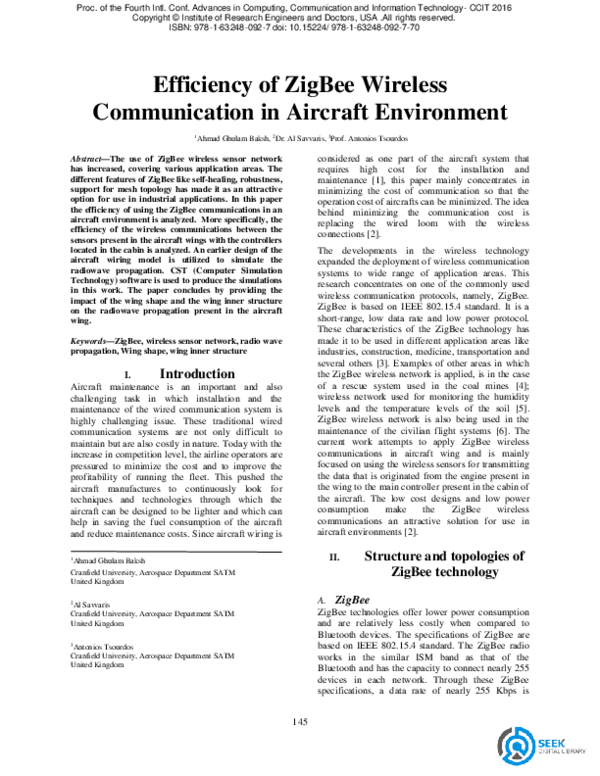 (PDF) Efficiency of ZigBee Wireless Communication in Aircraft Environment