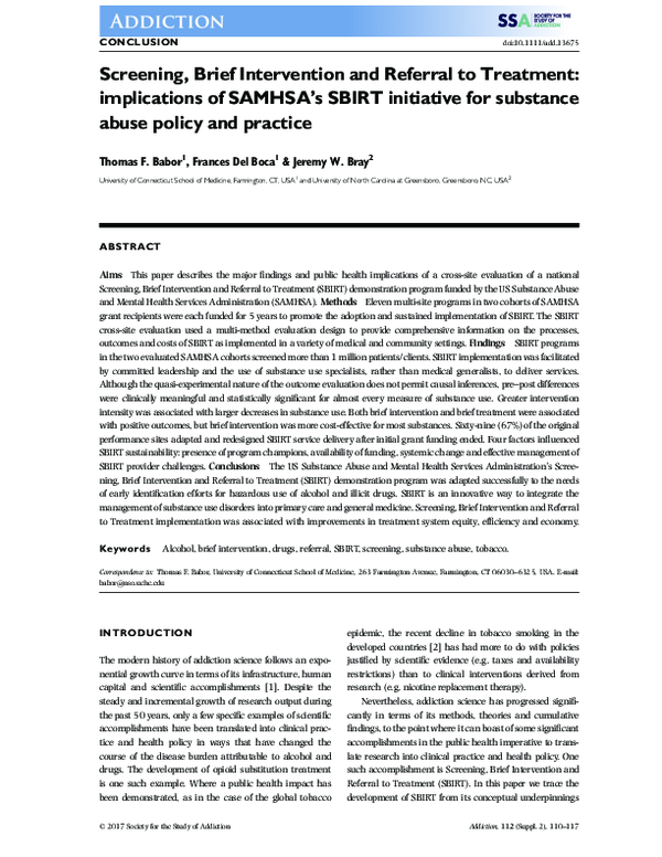 (PDF) Screening, brief intervention and referral to treatment (SBIRT ...