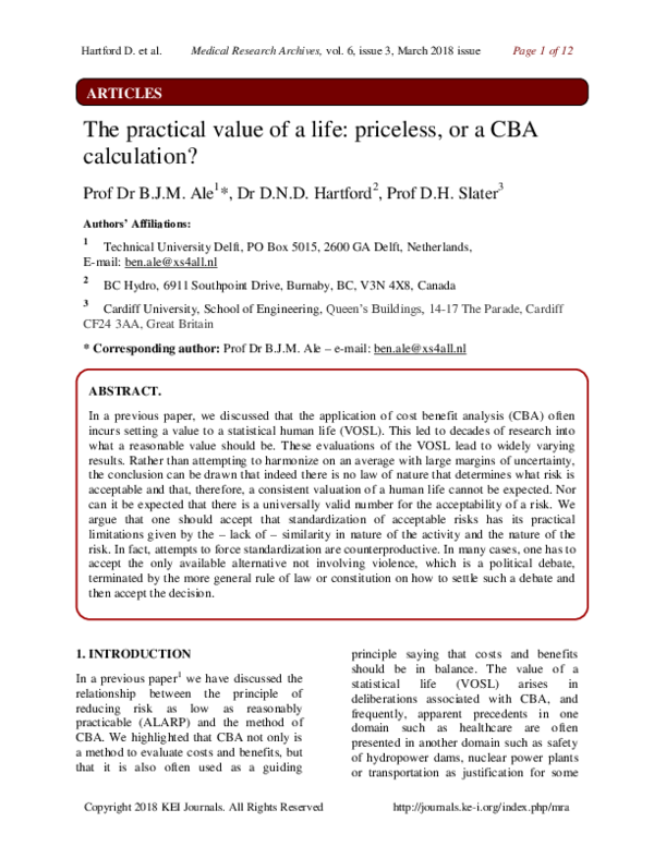(PDF) The practical value of a life: priceless, or a CBA calculation?