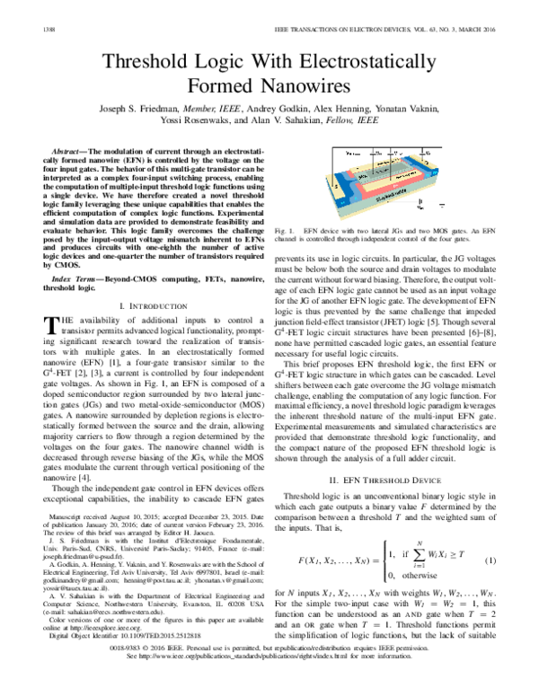 (PDF) Threshold Logic With Electrostatically Formed Nanowires