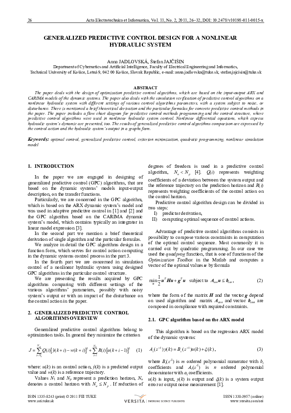 (PDF) Generalized Predictive Control Design for a Nonlinear Hydraulic ... (PDF) Generalized Predictive Control Design for a Nonlinear Hydraulic ...