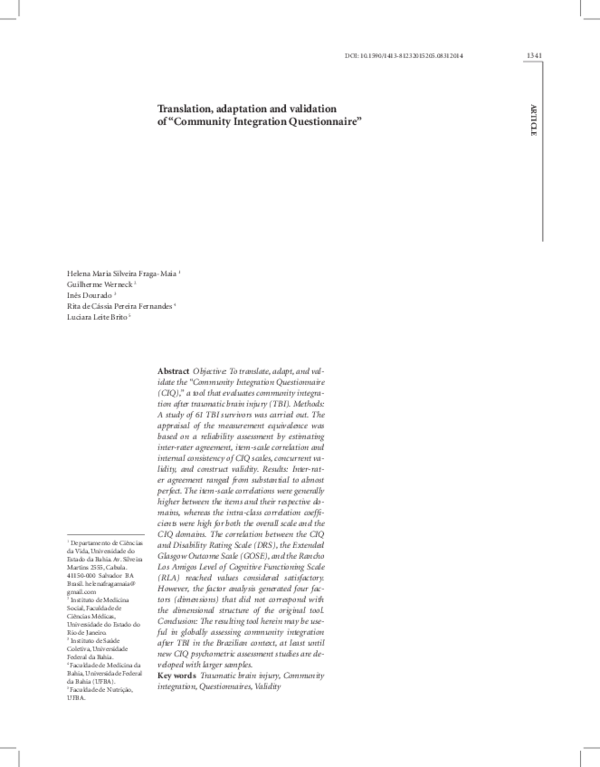 Pdf Translation Adaptation And Validation Of Community Integration Questionnaire Helena