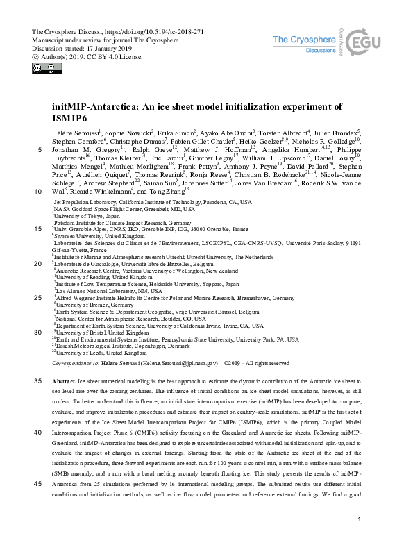 Pdf Initmip Antarctica An Ice Sheet Model Initialization Experiment Of Ismip6 Ricarda