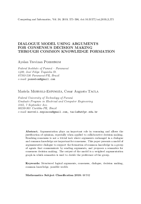 (PDF) Dialogue Model Using Arguments for Consensus Decision Making Through Common Knowledge ...