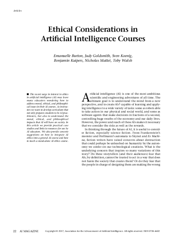 (PDF) Ethical Considerations in Artificial Intelligence Courses