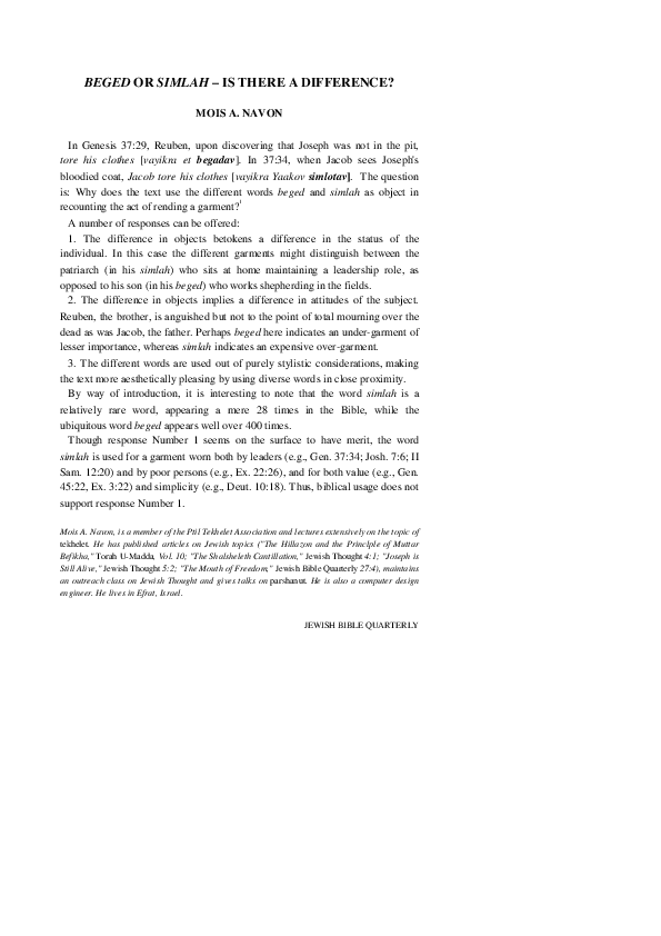 (PDF) Beged or Simlah – is There a Difference ? | Mois Navon - Academia.edu