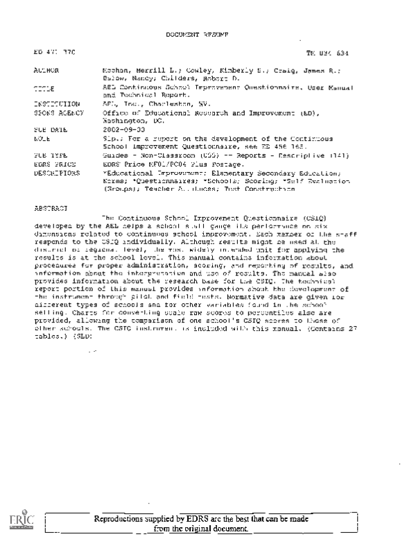 (PDF) AEL Continuous School Improvement Questionnaire. User Manual and ...