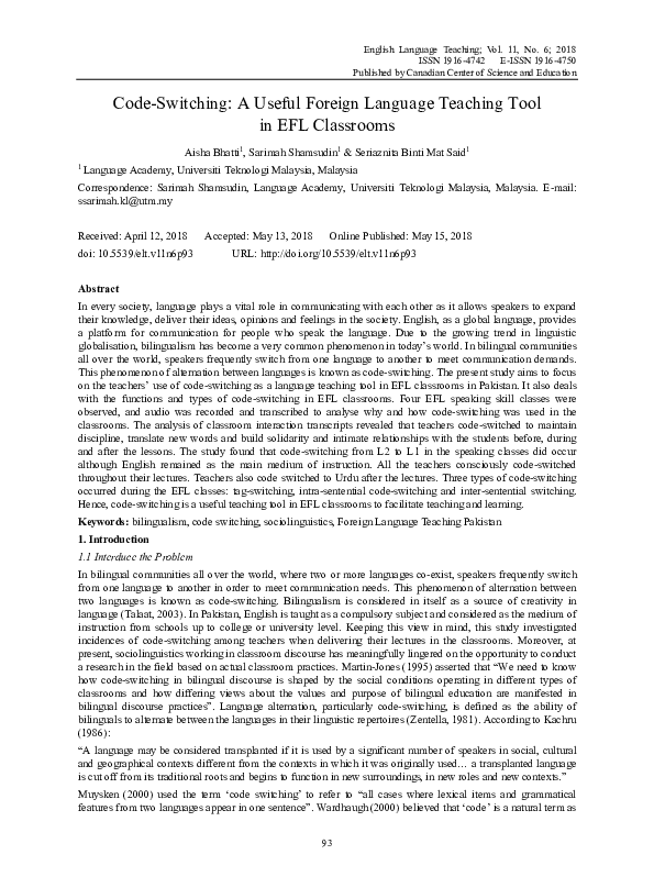 (PDF) Code-Switching: A Useful Foreign Language Teaching Tool in EFL Classrooms
