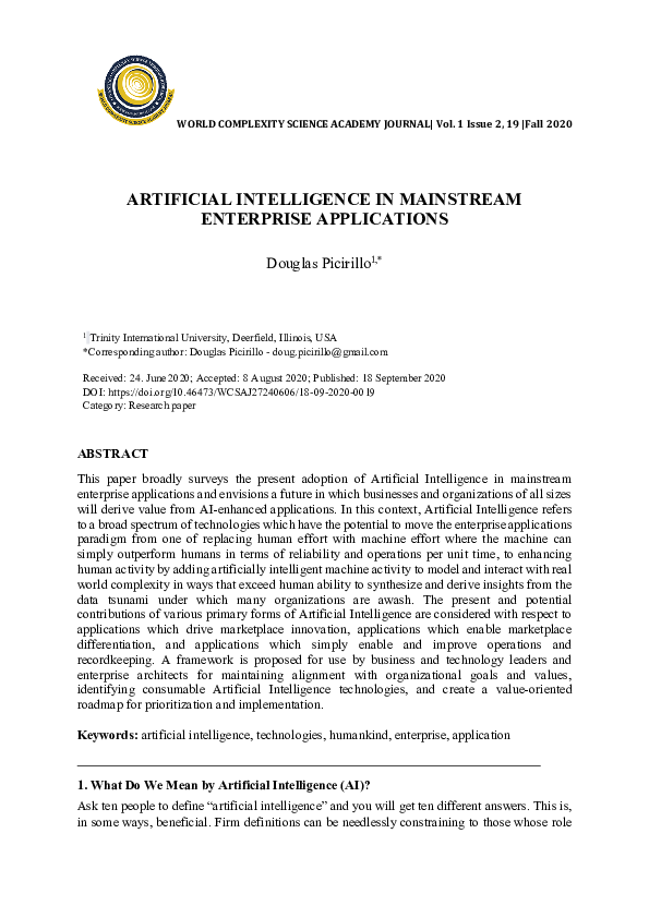 (PDF) Artificial Intelligence in Mainstream Enterprise Applications