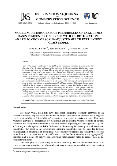 (PDF) Modeling Heterogeneous Preferences of Lake Urmia Basin Residents Concerned with Its ...