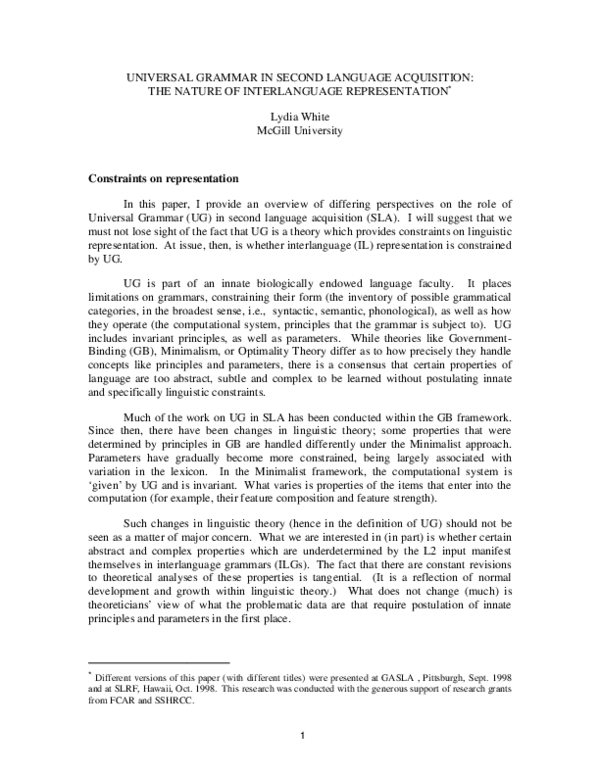 (PDF) Universal Grammar and Second Language Acquisition