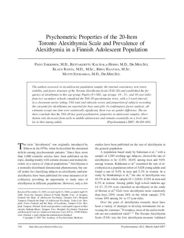 (PDF) Alexithymia in Finnish Adolescents: TAS-20 Psychometrics