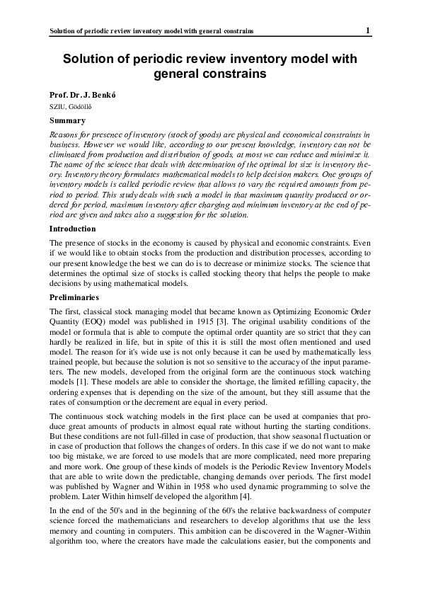 (PDF) Solution of Periodic Review Inventory Model with General Constrains
