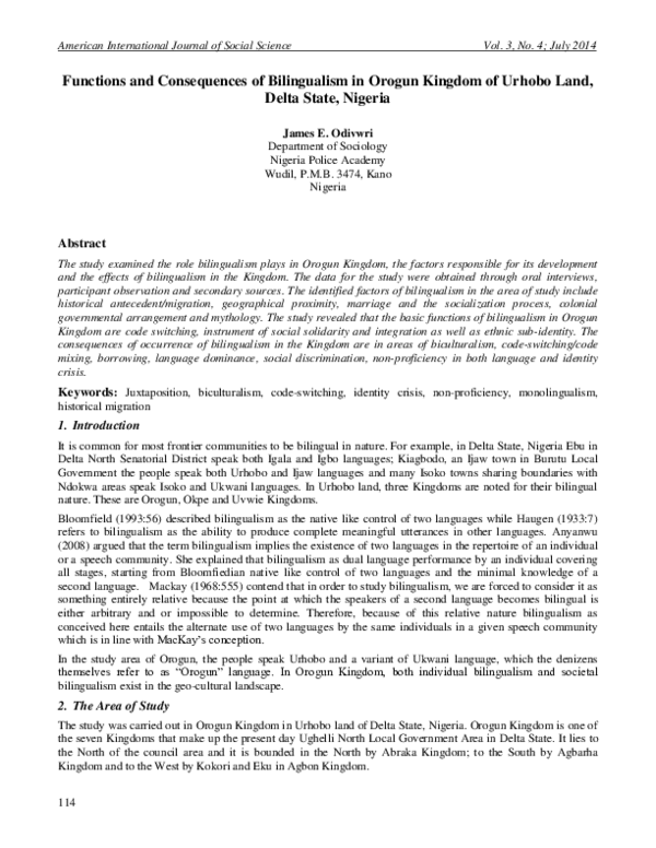 (PDF) Functions and Consequences of Bilingualism in Orogun Kingdom of ...