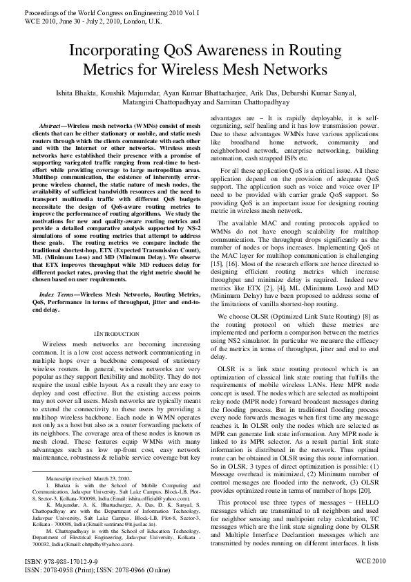 (PDF) Incorporating QoS Awareness in Routing Metrics for Wireless Mesh Networks | Samiran ...