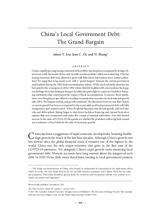 (PDF) China's Local Government Debt: The Grand Bargain