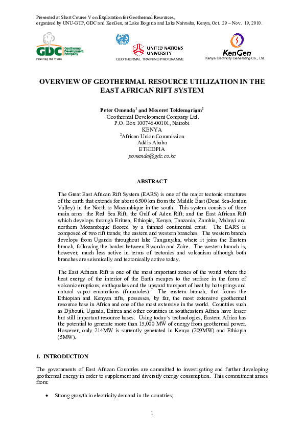 (PDF) Overview of Geothermal Resource Utilization in the East African ...