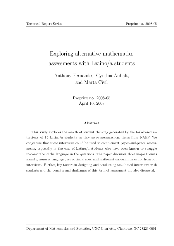 (PDF) Exploring alternative mathematics assessments with Latino/a students