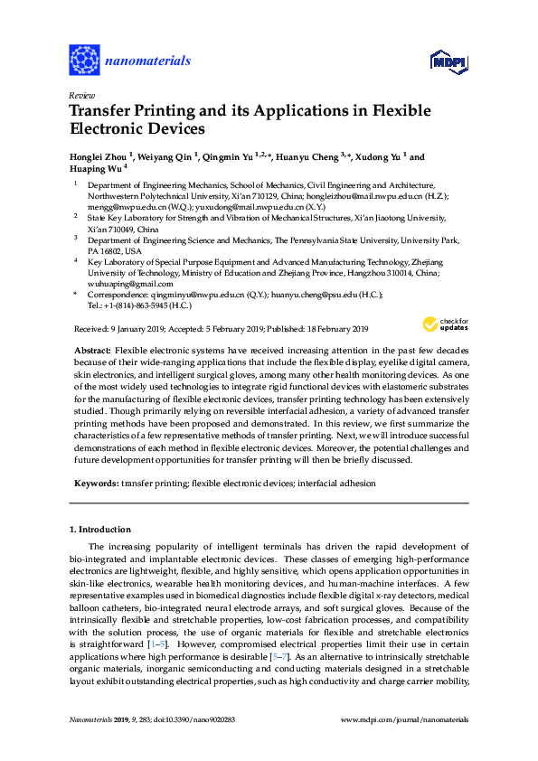 (PDF) Transfer Printing and its Applications in Flexible Electronic Devices