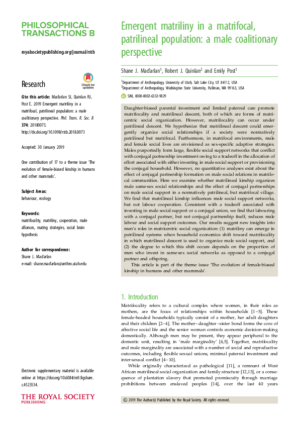 (PDF) Emergent matriliny in a matrifocal, patrilineal population: a ...