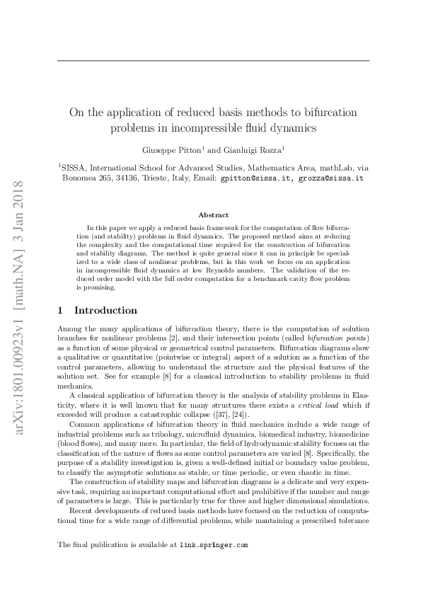 Pdf On The Application Of Reduced Basis Methods To Bifurcation Problems In Incompressible